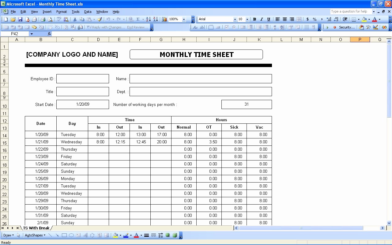 50 Bi Monthly Timesheet Template Excel 