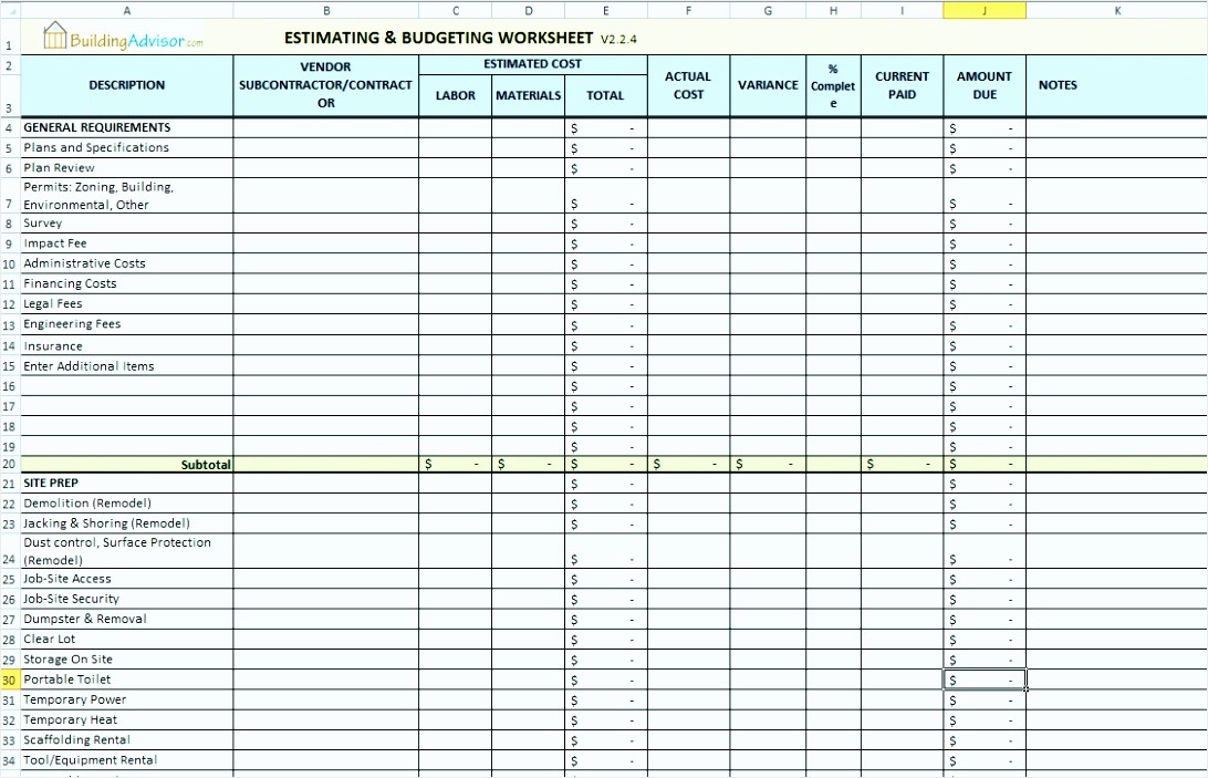 50 Residential Construction Cost Breakdown Excel