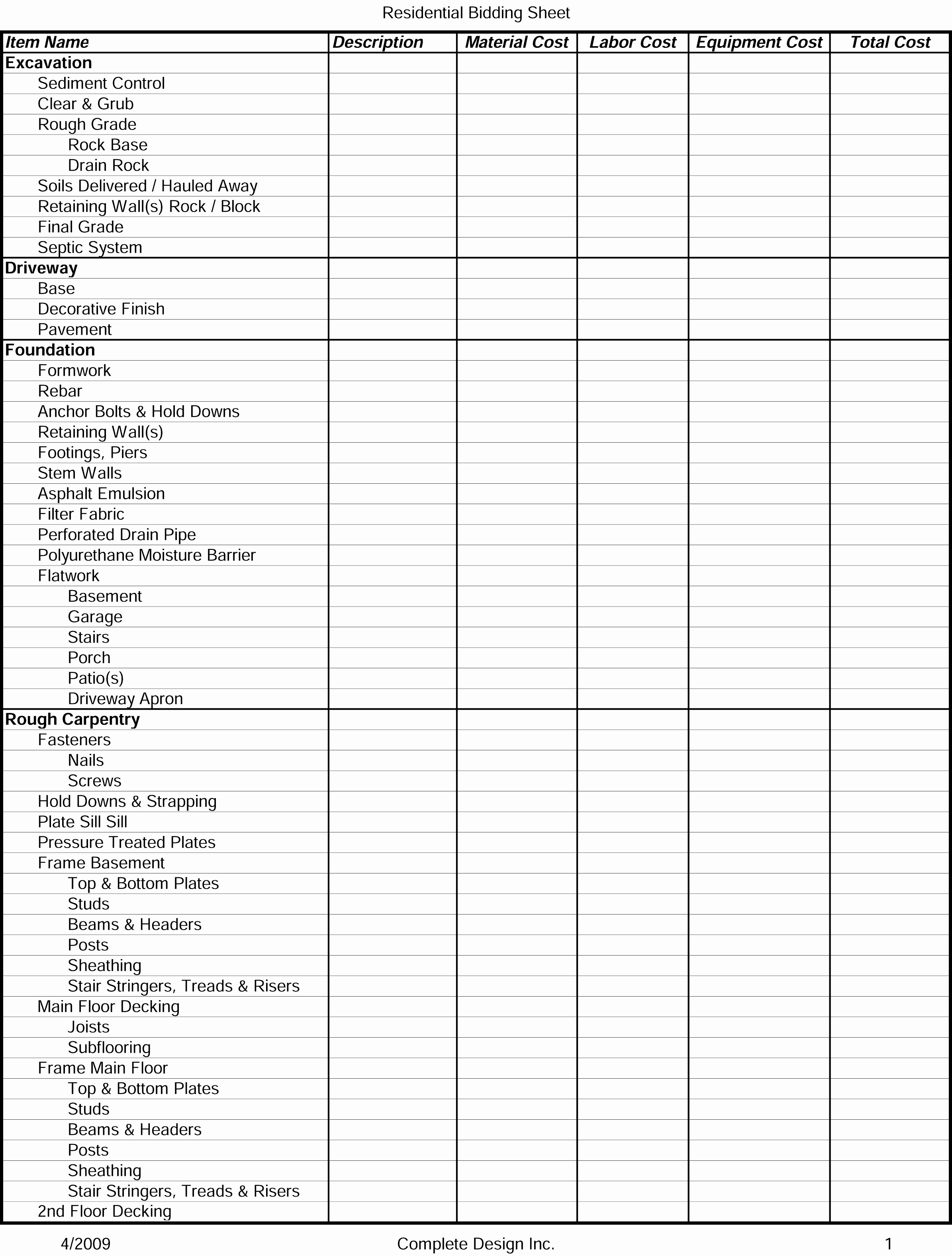50 Residential Construction Cost Breakdown Excel Ufreeonline Template