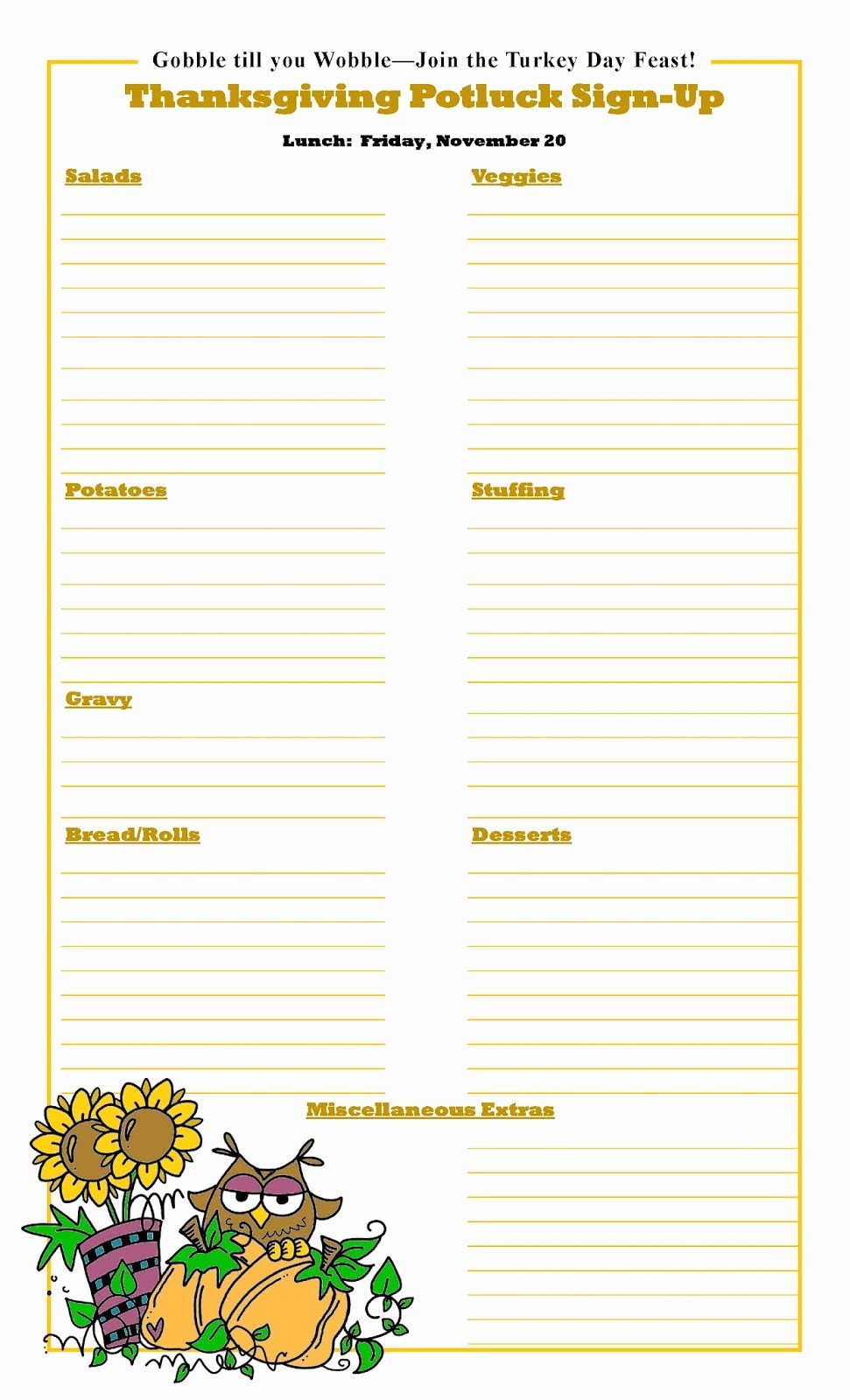 50 Thanksgiving Sign Up Sheet Printable